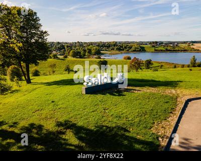 The Sign Saldus in city Saldus, Latvia. Billu Hill, the scenic ...
