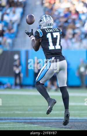 Carolina Panthers wide receiver Xavier Legette (17) runs after catching a pass against the ...