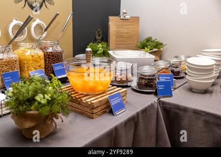 Hotel Buffet Breakfast with Cereal Options and Fresh Ingredients Stock ...