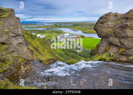 Systrafoss waterfall at Kirkjubæjarklaustur in Skaftárhreppur in the ...