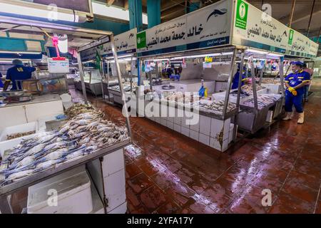The seafood stalls at Jeddah fish market with fresh lobsters and fish ...