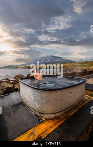 Hauganes Geothermal hot tubs with a view of Icelandic mountains and ...