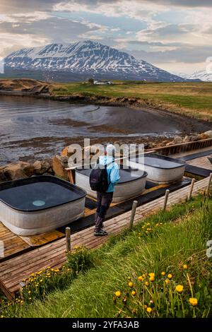 Hauganes Geothermal hot tubs with a view of Icelandic mountains and ...