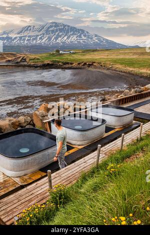 Hauganes Geothermal hot tubs with a view of Icelandic mountains and ...
