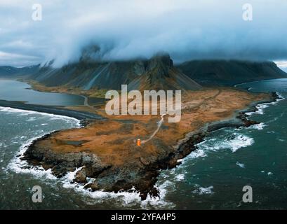 Aerial view of Eystrahorn mountain and coastal landscape on Stokksnes ...