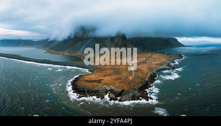 Aerial view of Eystrahorn mountain and coastal landscape on Stokksnes ...