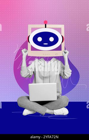 Vertical photo collage of headless robot girl it-specialist keypad ...