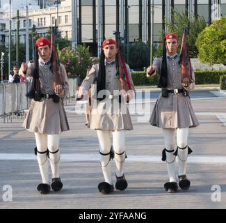Greek Evzone soldiers dressed in traditional Greek military clothing ...