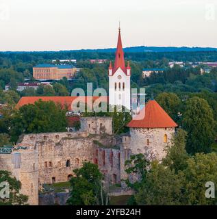 Beautiful view of Cesis Castle in Latvia with a blue sky background ...