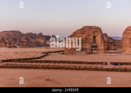 Sandstone elephant rock erosion monolith standing in the desert, Al Ula ...