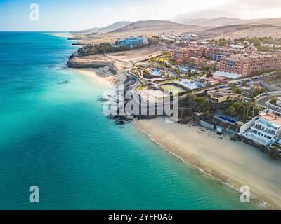 Aerial drone view of Costa Calma beach during the sunset,Fuerteventura ...