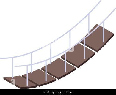 Simple isometric wooden suspension bridge with metal handrails crossing ...