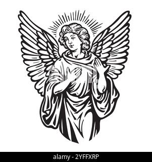 angel heavenly god vector sketch drawing in stencil style on a white ...