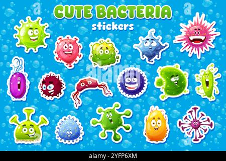 Stickers of funny bacteria, virus and germ characters with happy faces ...