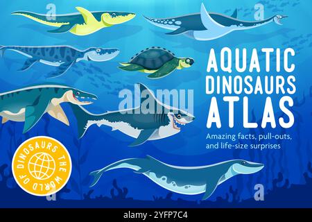 Cartoon aquatic dinosaurs cute characters. Megalodon Ophthalmosaurus ...