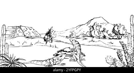 Mesoamerica Aztec ancient pyramid ruins, cacti trees on plain grassy ...