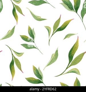 Watercolor hand drawn seamless peony garden with leaves branch pattern ...