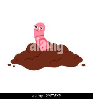 Cute pink worm crawling in puddle of rain water, winking maggot vector ...