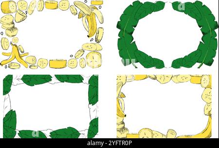 Graphic rectangle frame with banana tree leaves and bananas slices ...