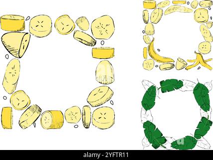 Fruits hand drawn frame templates. Vintage illustrations of bananas ...