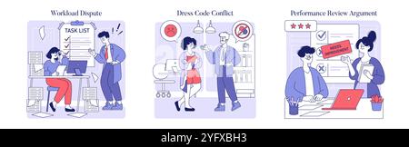 Workplace Disputes set. Illustration of common office conflicts from ...