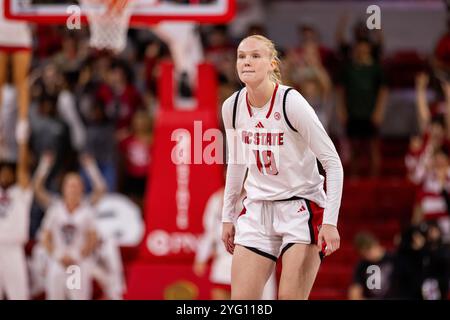 NC State's Tilda Trygger (18) reacts behind Notre Dame's Maddy Westbeld ...