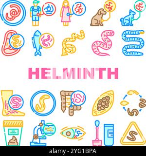 helminth worm parasite nematode icons set vector. tapeworm roundworm ...