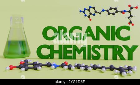 3d rendering of Erlenmeyer flask filled with a green liquid. The text ...