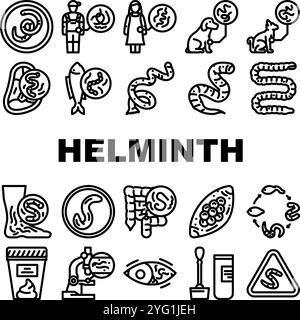 helminth worm parasite nematode icons set vector. tapeworm roundworm ...