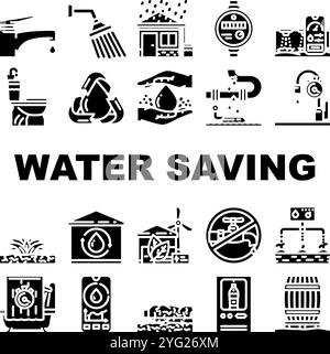 water saving conservation reuse icons set vector. efficiency ...