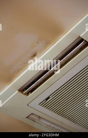 Air conditioner and ceiling in a smoking room yellowed by cigarette tar ...