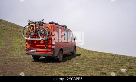 Offroad camper van in the Peruvian Andes, Pallay Punchu Rainbowmountain ...