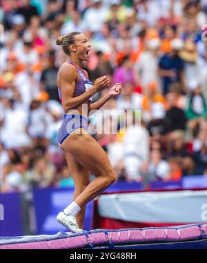 Anna Hall participating in the high jump at the Paris 2024 Olympic ...