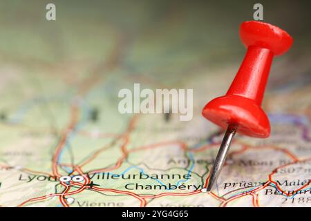 Chambery map. Close up of Chambery map with red pin. Map with red pin ...