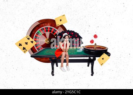 Photo of lady sit poker table hold glass champagne chip cover eye wear ...
