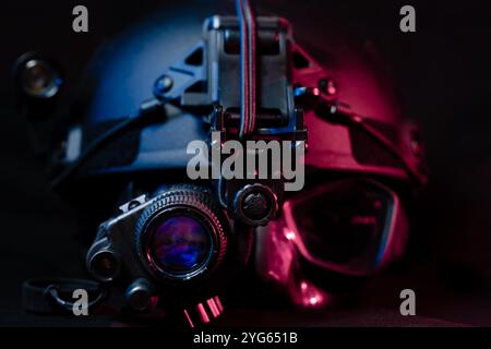 Combat swimmer's equipment, tactical helmet, night vision monocular and ...