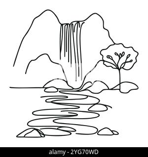 Continuous one line drawing of waterfall and lake. Vector illustration ...