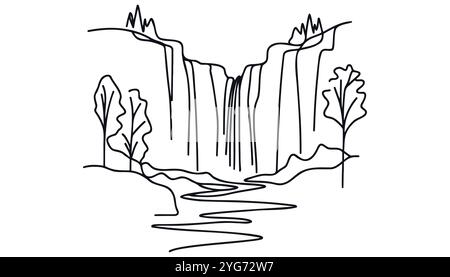 Continuous one line drawing of waterfall and lake. Vector illustration ...