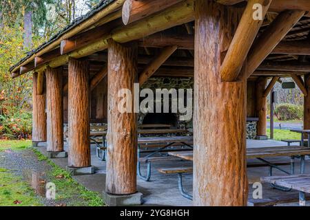 Rustic picnic shelter with heavy timber beams built in the 1950s in ...