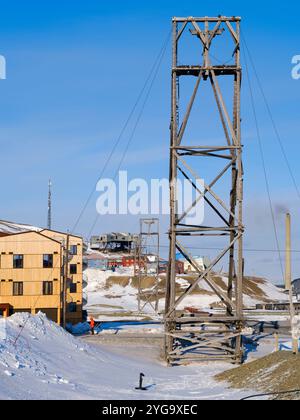 Historic masts of cable car. Longyearbyen, the capital of Svalbard on ...