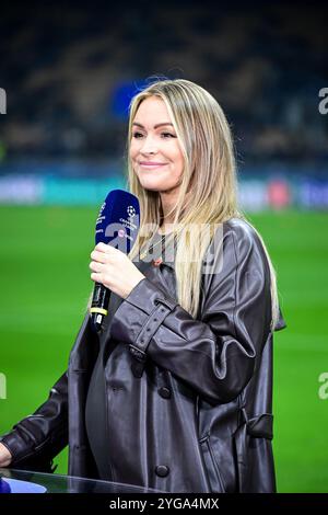 English presenter, Laura Woods, broadcasts ahead of the UEFA Champions ...