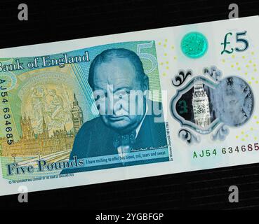 British five pounds sterling banknote closeup. Portrait of Sir Winston ...