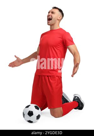 Emotional football player shouting and soccer ball on white background ...