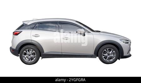 white or silver hatchback car is isolated on white background with ...