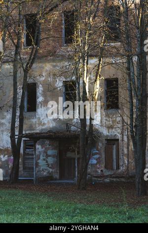 The back entrance to an abandoned building. The entrance is boarded up ...