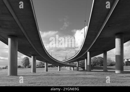 Curved ramp bridges, approach to the Rheinknie Bridge, cable-stayed ...