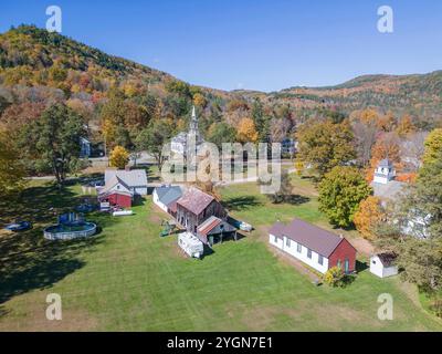 aerial view of the small town of royalton in vermont during the fall ...