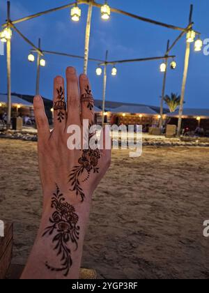 Henna Tattoo Mehndi on hand bridal mehndi Design Background close up ...
