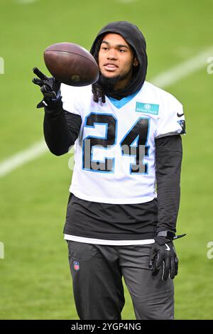 Carolina Panthers running back Jonathon Brooks looks on before an NFL ...