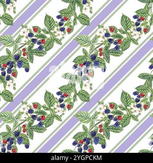 Purple seamless pattern. Purple flowers, berries and figs Stock Photo ...